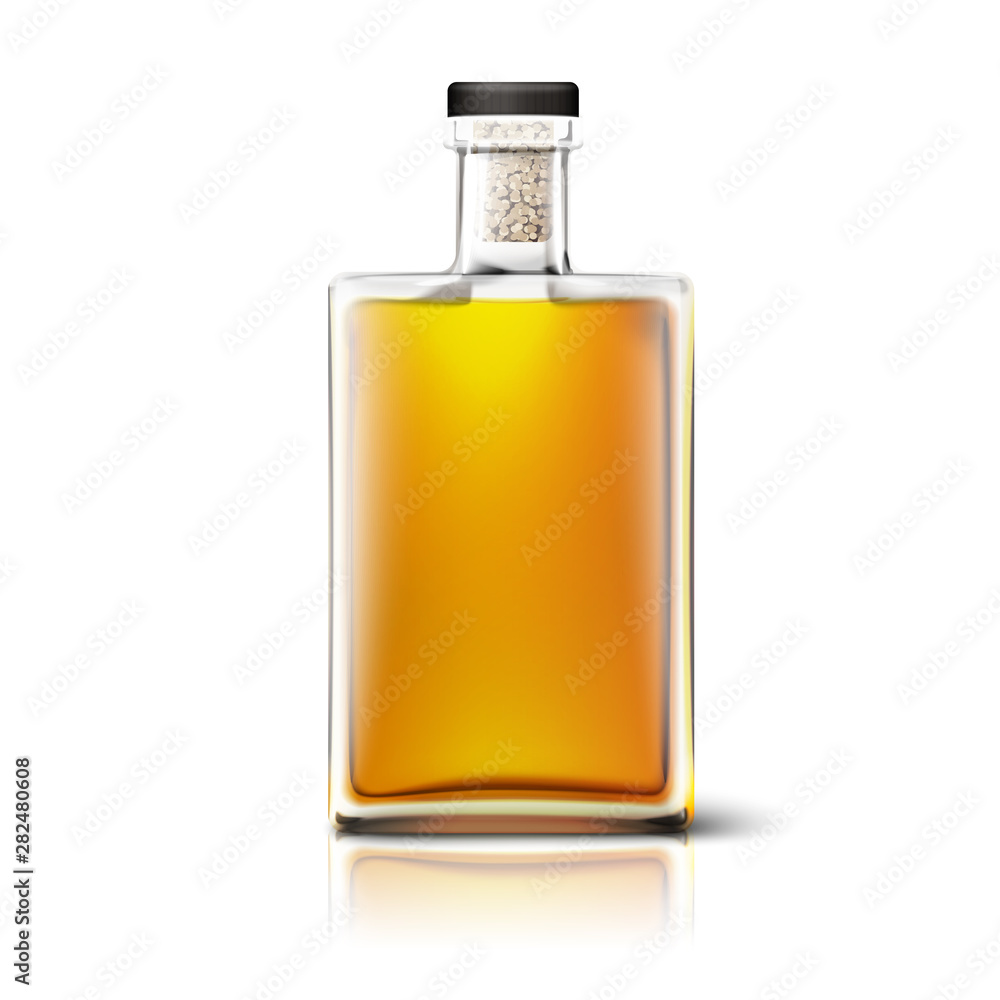 Blank realistic square whiskey bottle isolated on white background with ...