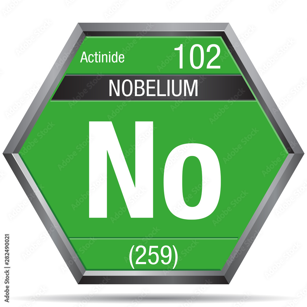 Nobelium symbol in the form of a hexagon with a metallic frame. Element ...