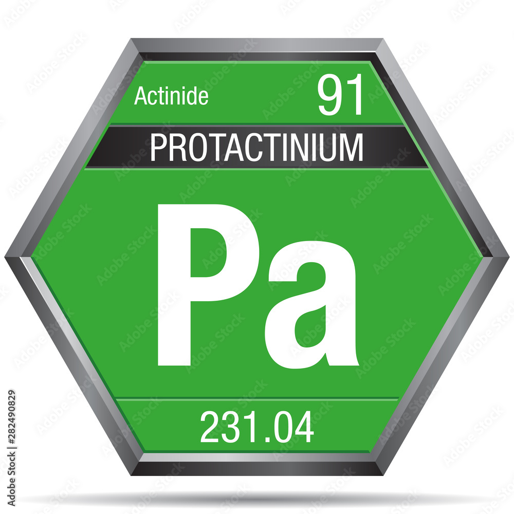 Protactinium symbol in the form of a hexagon with a metallic frame ...