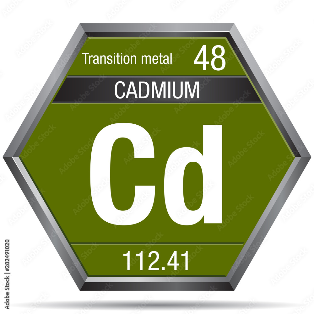 Cadmium symbol in the form of a hexagon with a metallic frame. Element ...