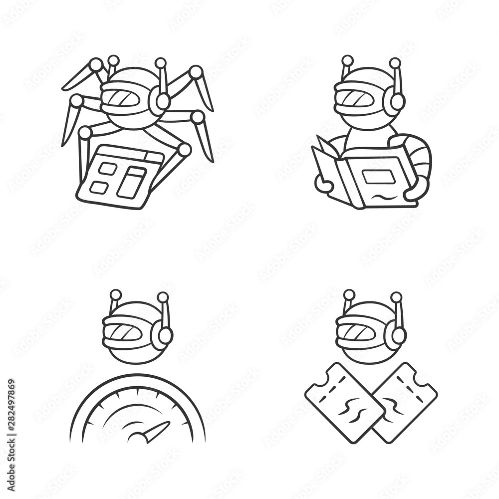 Internet bots linear icons set. Crawler, optimizer, scalper robot. Artificial intelligence. AI ...