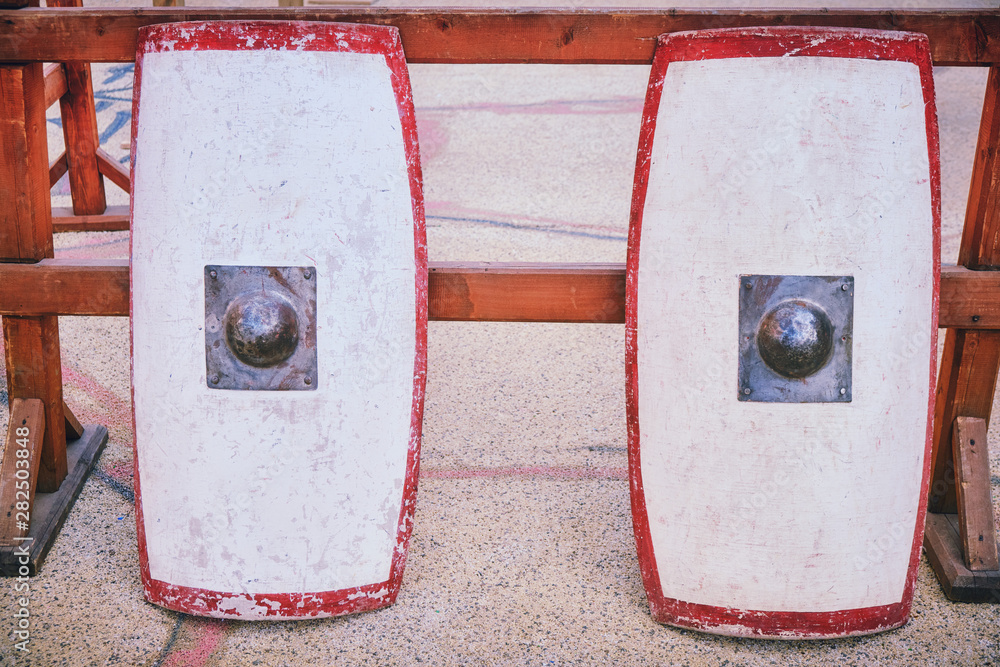 Antique Roman shields - scutum, sct. Full-body (tower) shield with a ...