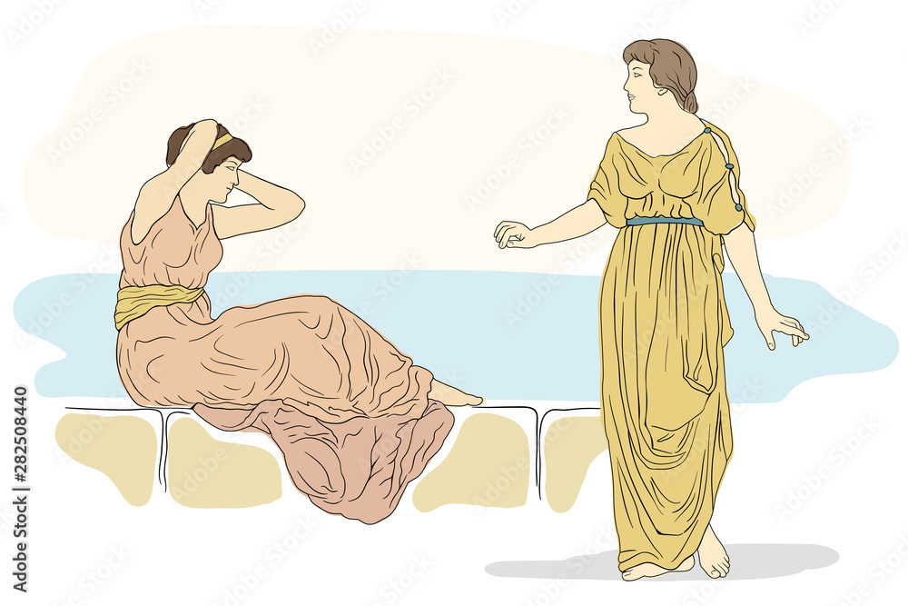 Two ancient Greek women are talking. Vector image isolated on white ...