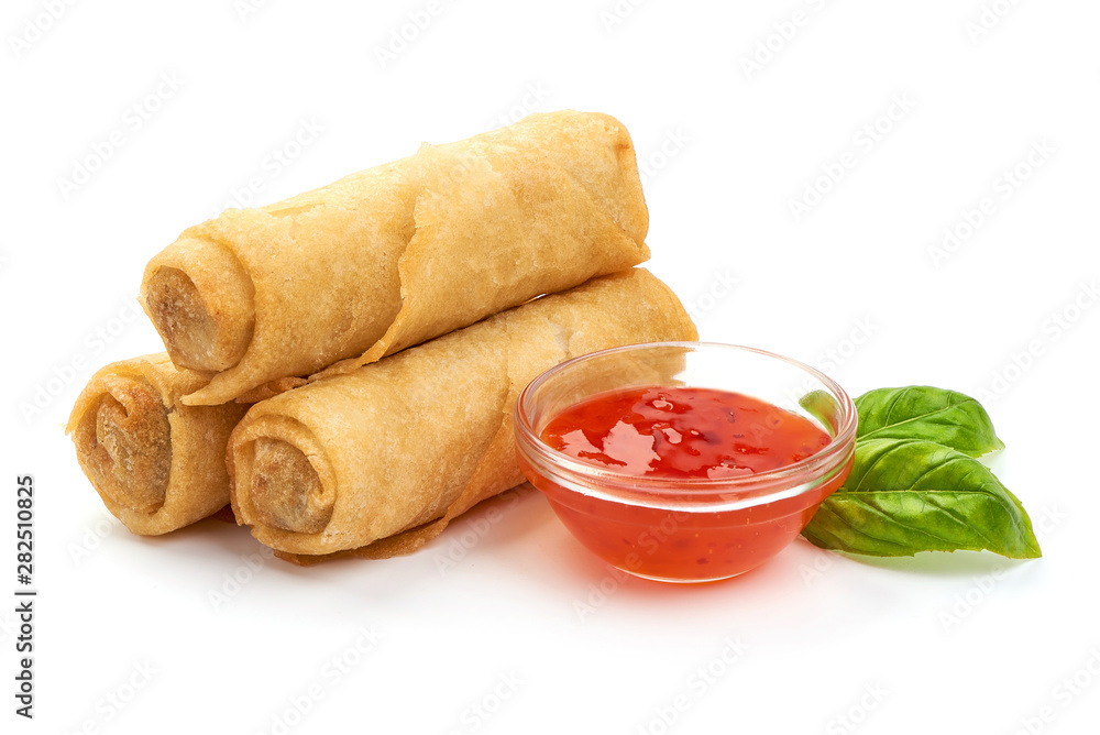 Spring rolls with sweet chili sauce, Chinese cuisine, isolated on white ...