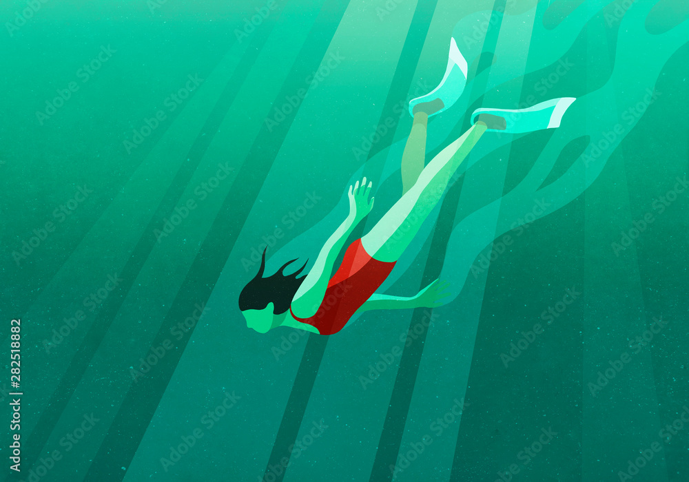 Woman diving underwater in ocean Stock Photo | Adobe Stock