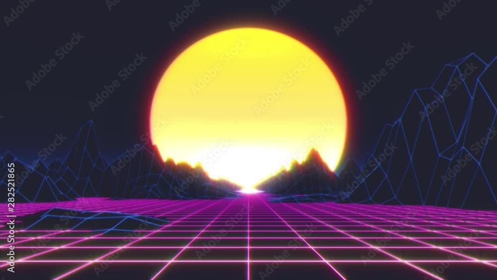 Retro futuristic motion graphics. Digital landscape moving in a cyber ...