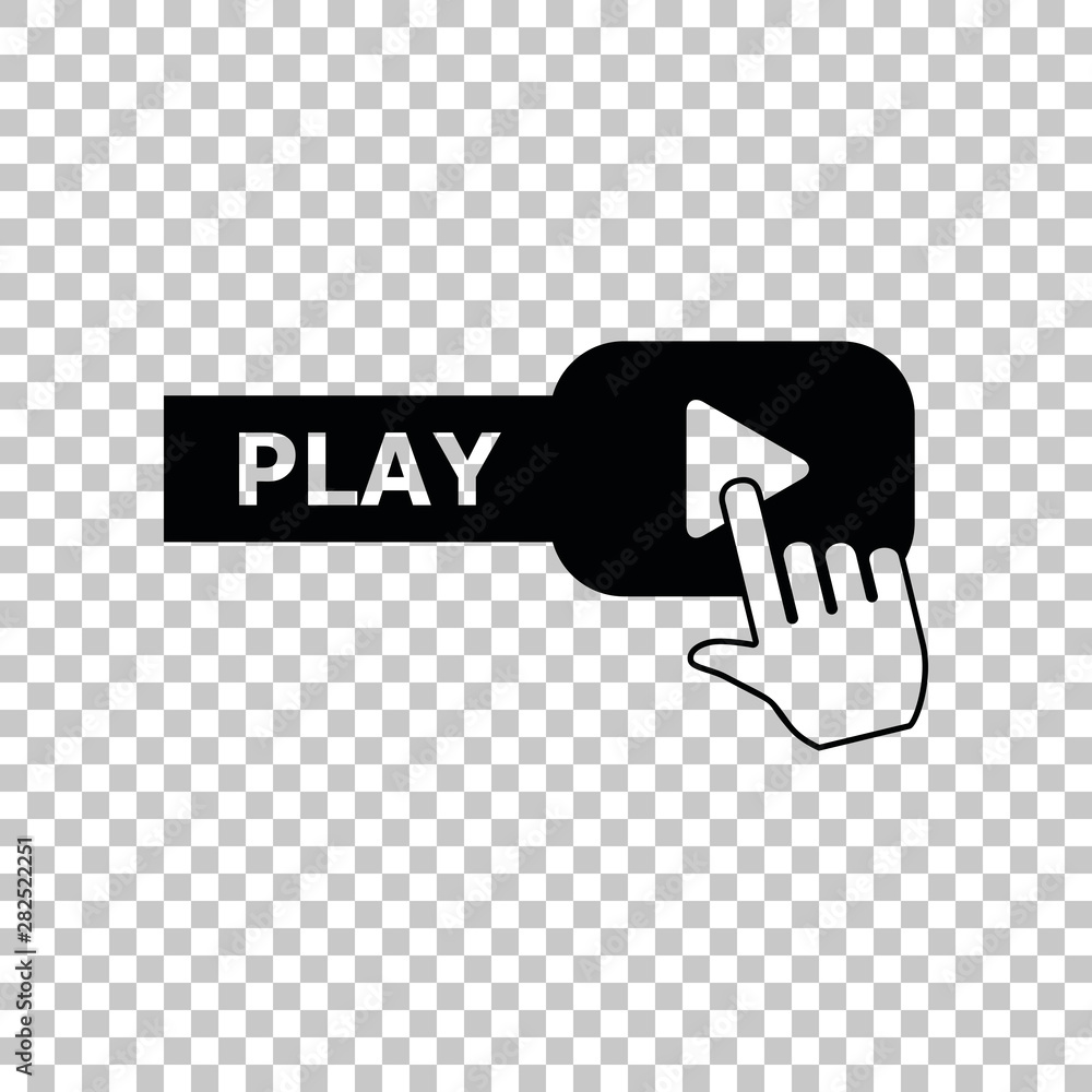 Play button icon with hand sign. Black icon on transparent background ...