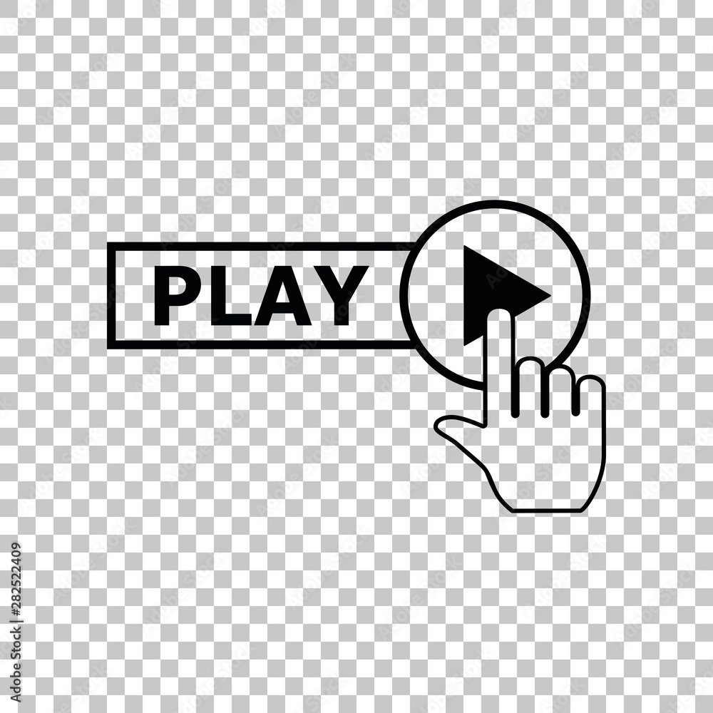 Play button icon with hand sign. Black icon on transparent background ...