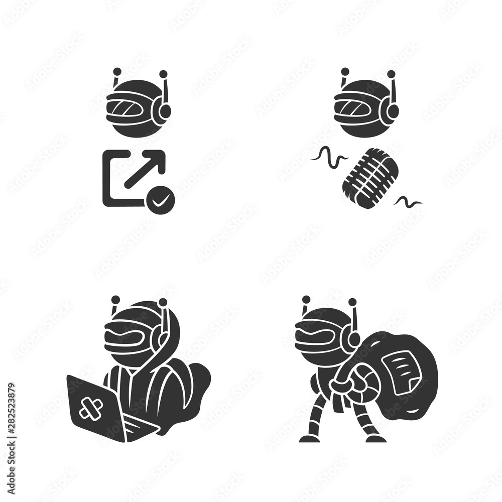 Bot types glyph icons set. Hacker, backlink checker, scraper bots. Malicious robot. Artificial ...