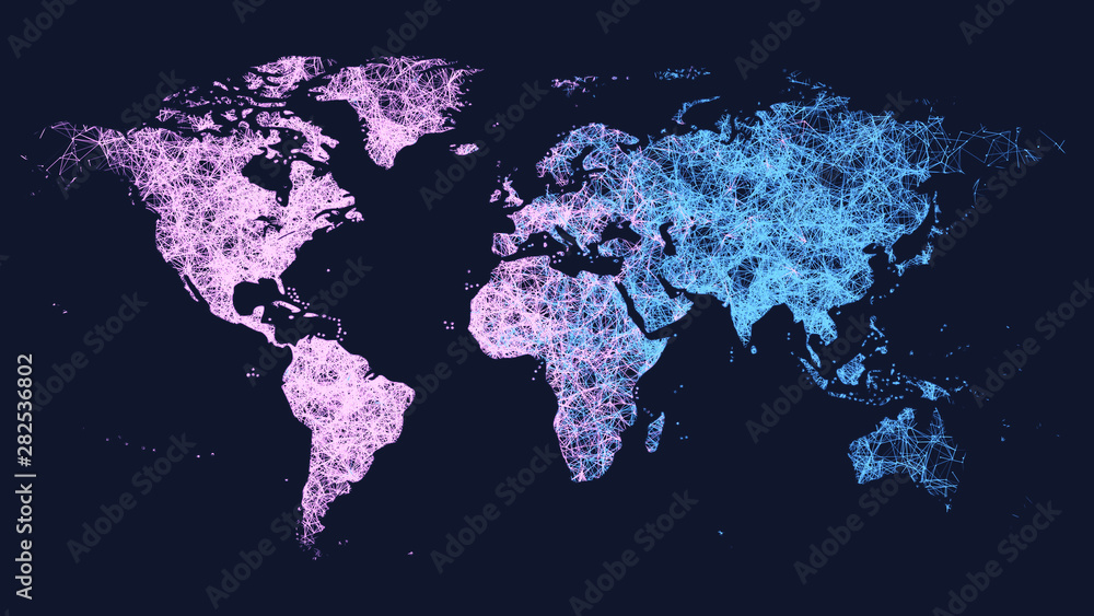 World map drawn with abstract pink and light blue lines on a dark blue ...