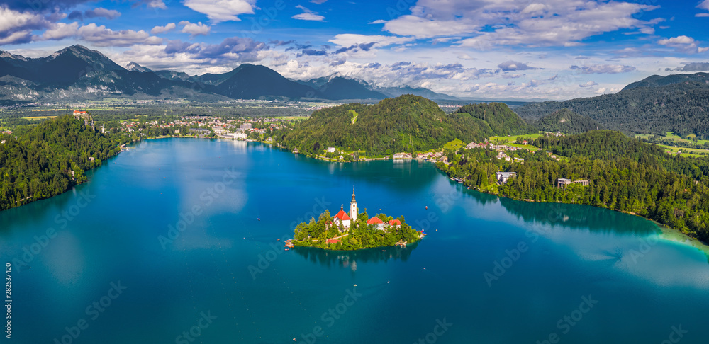 Bled, Slovenia - Aerial panoramic skyline view of Lake Bled (Blejsko ...
