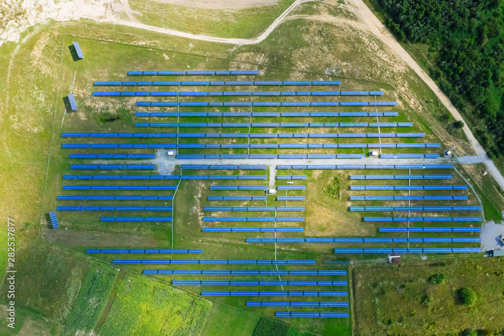Aerial solar photovoltaic. Industrial landscape with different energy ...