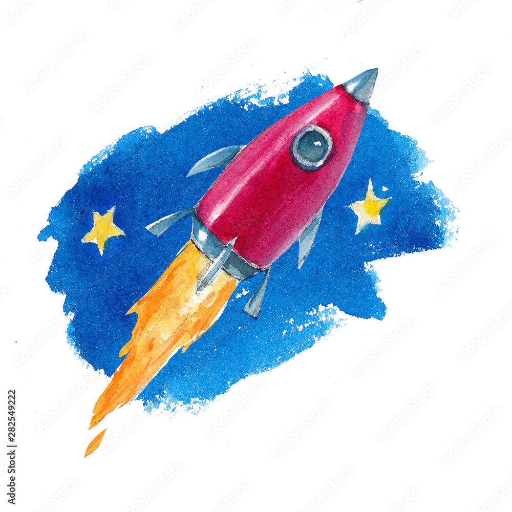 Watercolor illustration of space and rocket on white background Stock ...