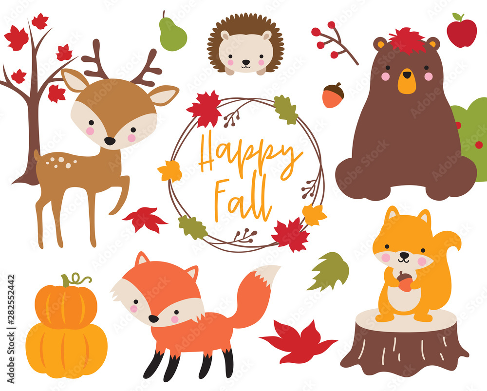 Cute vector illustration of Fall or Autumn woodland animals including ...