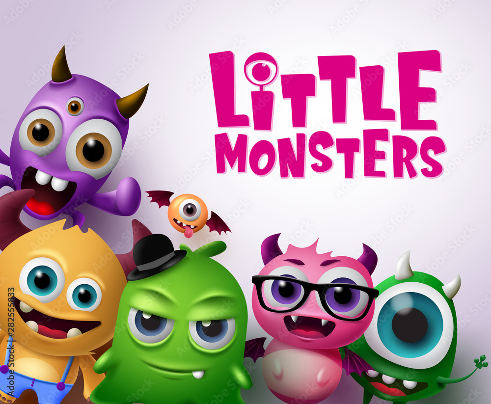 Little monsters vector characters background. Little monsters text with ...