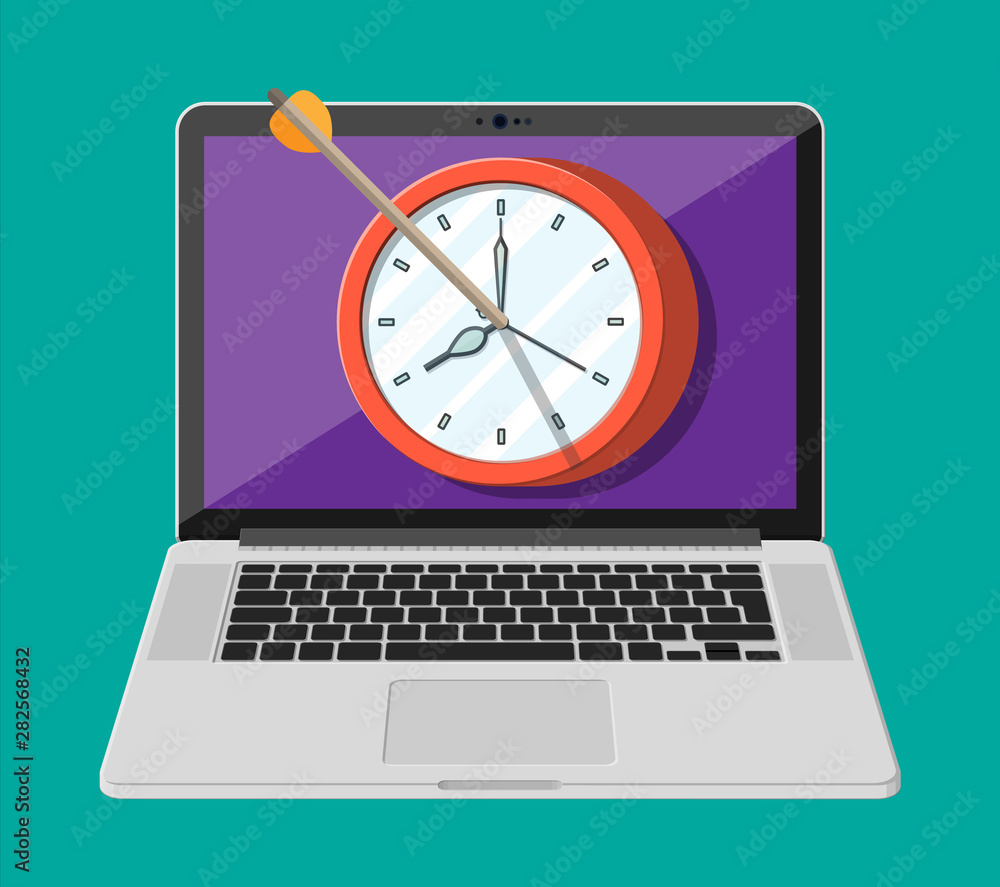 Target with bow arrow and clock on laptop screen. Time management ...