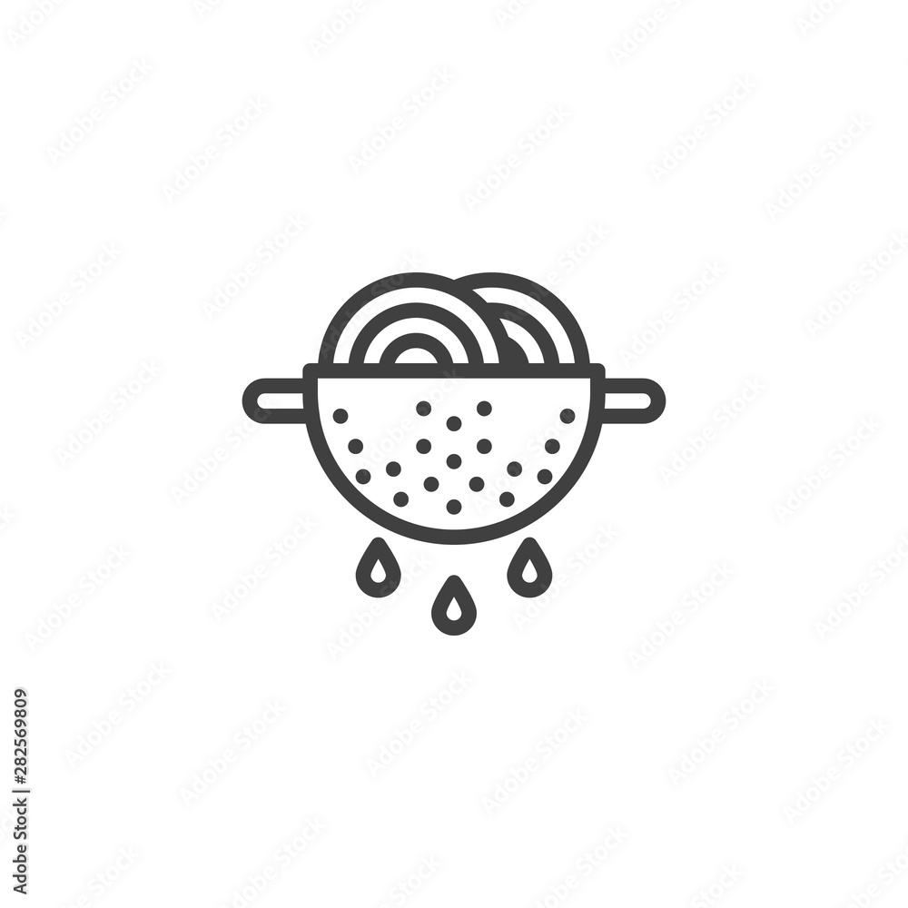 Cooking pasta line icon. Noodles in strainer linear style sign for ...