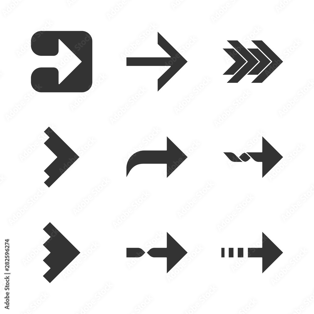 Right arrows glyph icons set. Forward, curved, dotted, twisted next ...