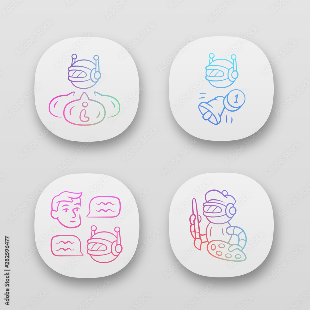 Internet robots app icons set. Chatbot, informational, proactive, art ...