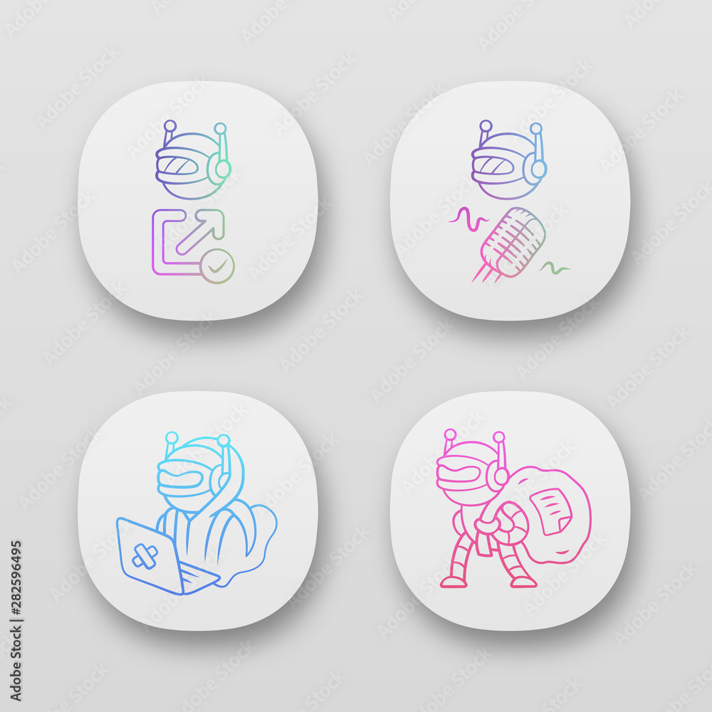 Bot types app icons set. Hacker, backlink checker, scraper bots. Malicious robot. Artificial ...