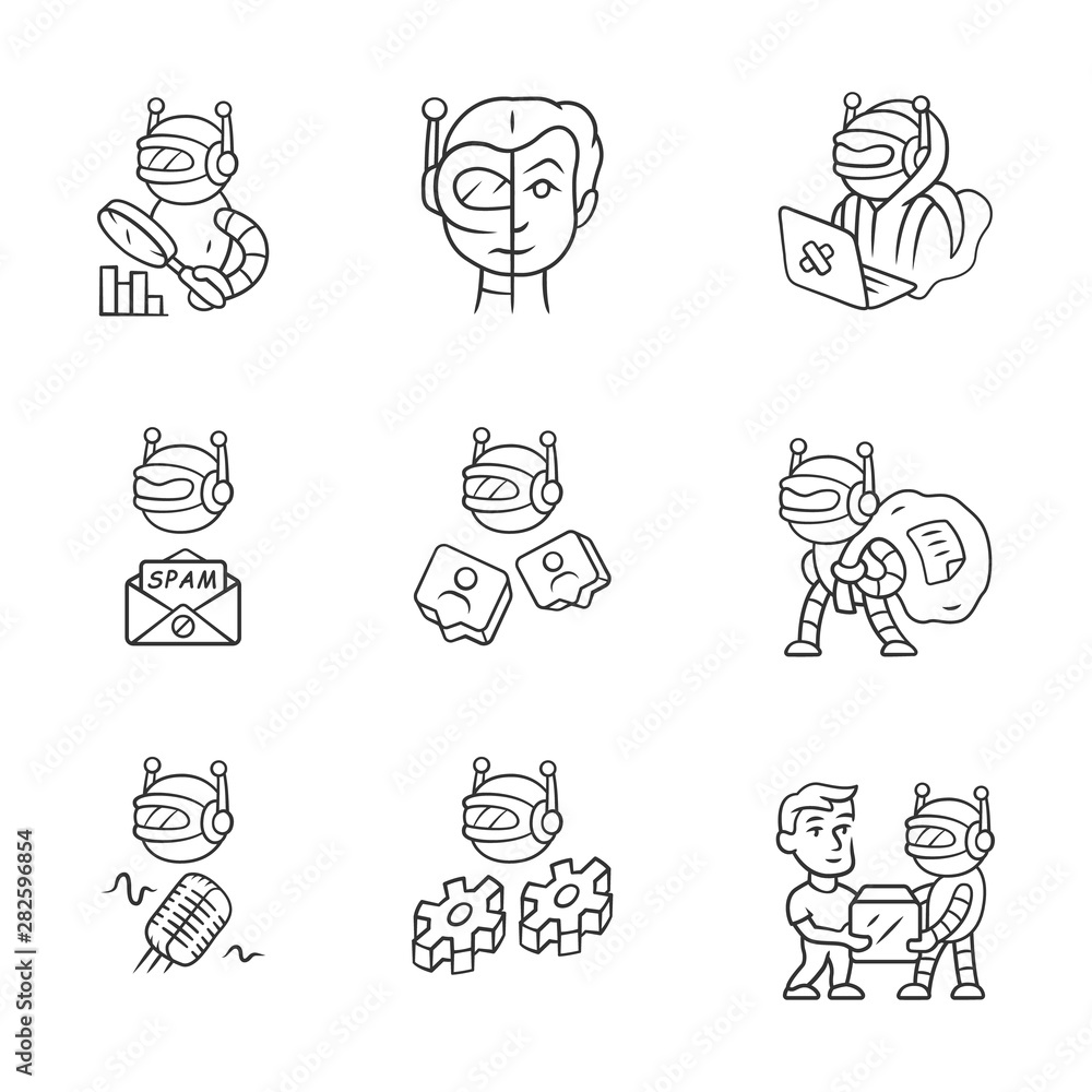 Internet bots linear icons set. Hacker, voice, spam, impersonator, scraper robots. Artificial ...