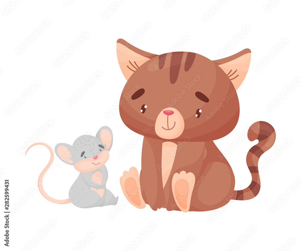 Cartoon cat and mouse are sitting. Vector illustration on white ...