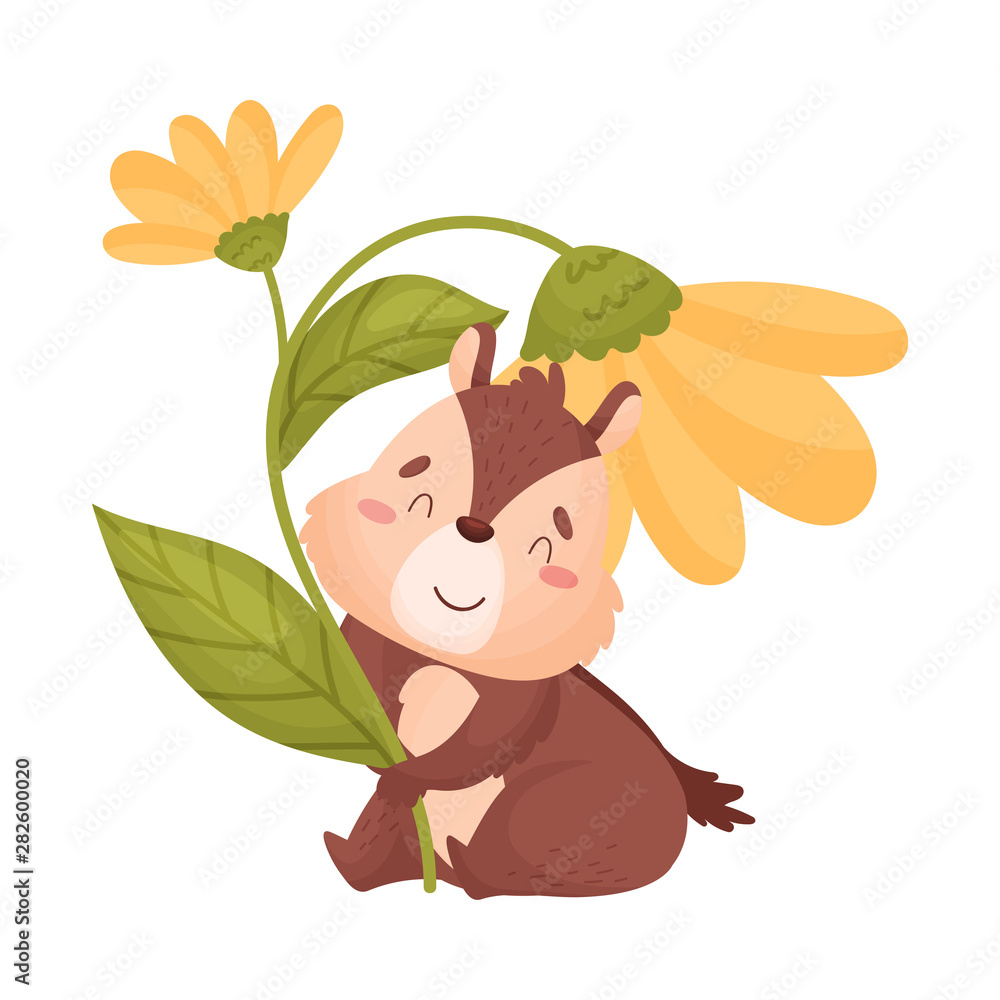 Cartoon chipmunk holding flowers. Vector illustration on white ...