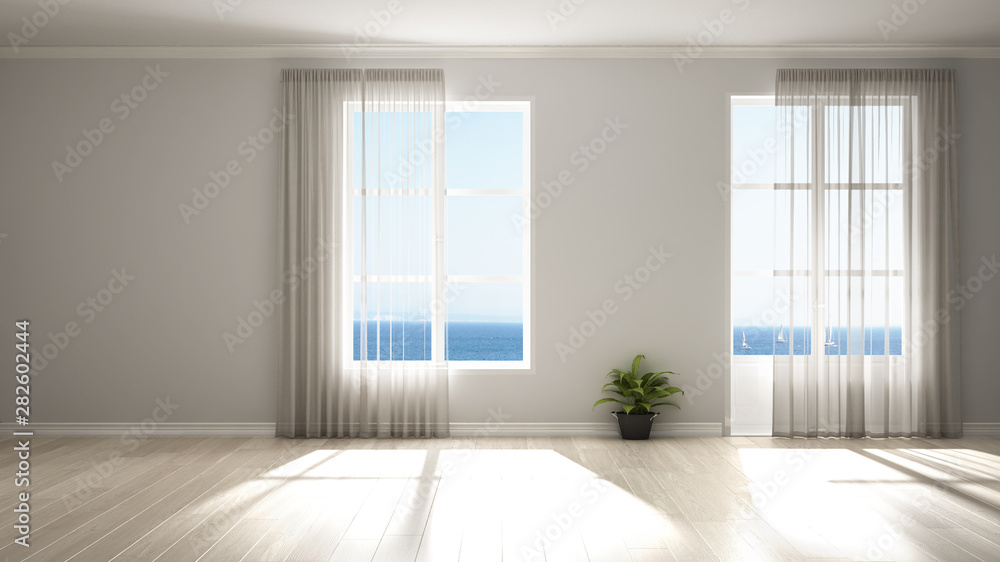 Stylish empty room with panoramic windows, parquet wooden floor ...