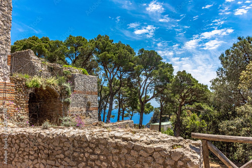 Italy, Capri, view and details of the archaeological remains of the ...