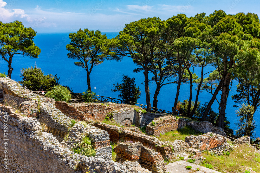 Italy, Capri, view and details of the archaeological remains of the ...