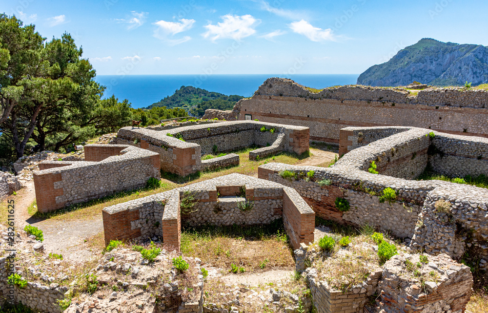 Italy, Capri, view and details of the archaeological remains of the ...