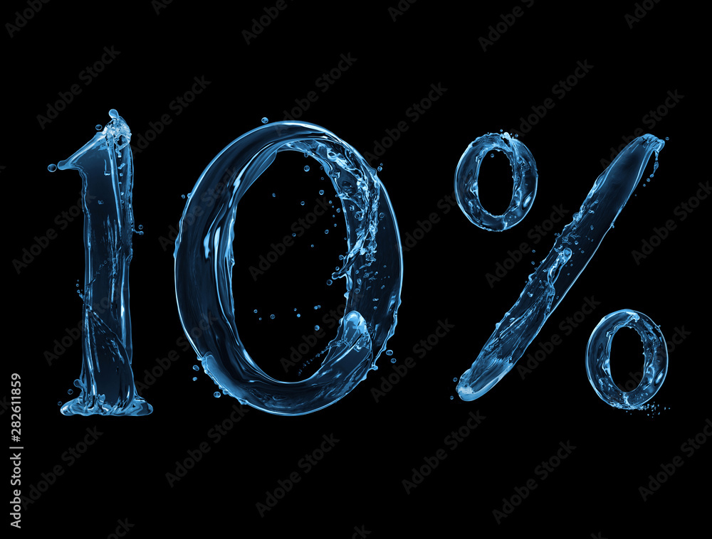 Number 10 and percent sign made with a splash of water on a black ...