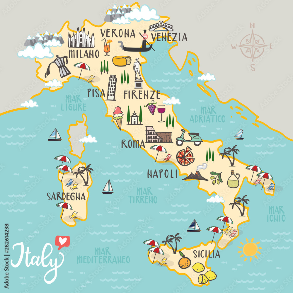 Italy - hand drawn illustration, map with landmarks Stock Vector ...