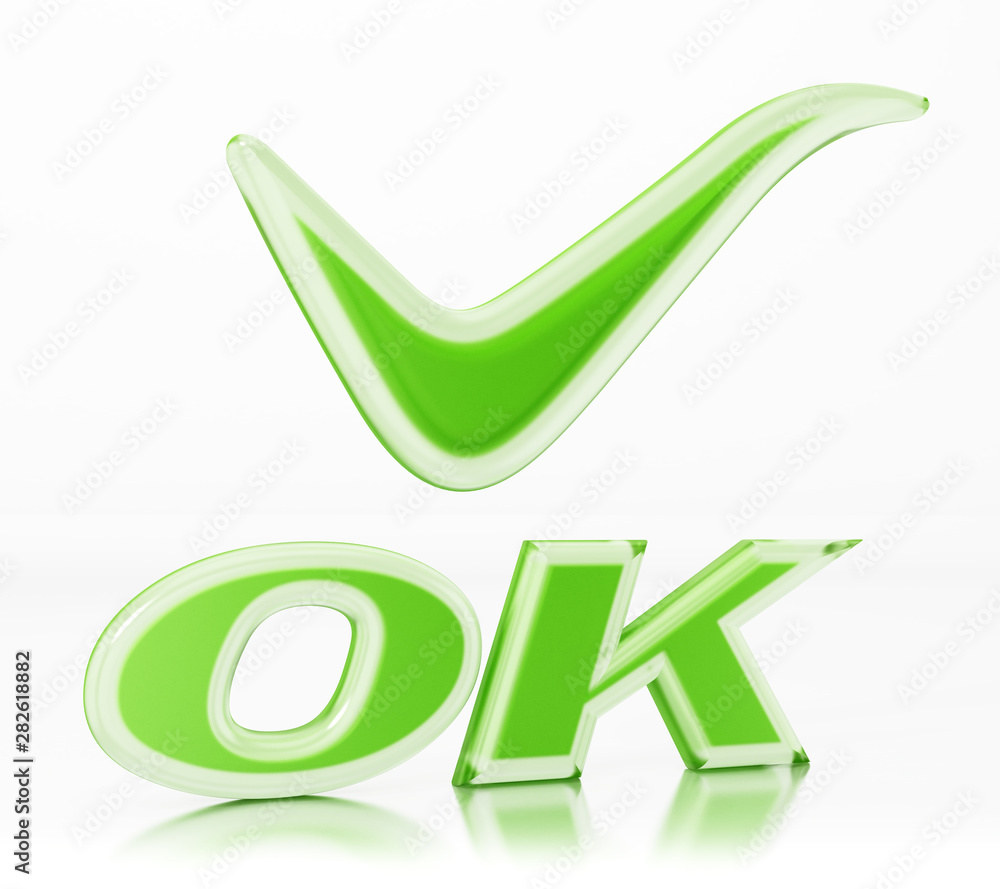 Ok word and tick sign isolated on white background. 3D illustration ...