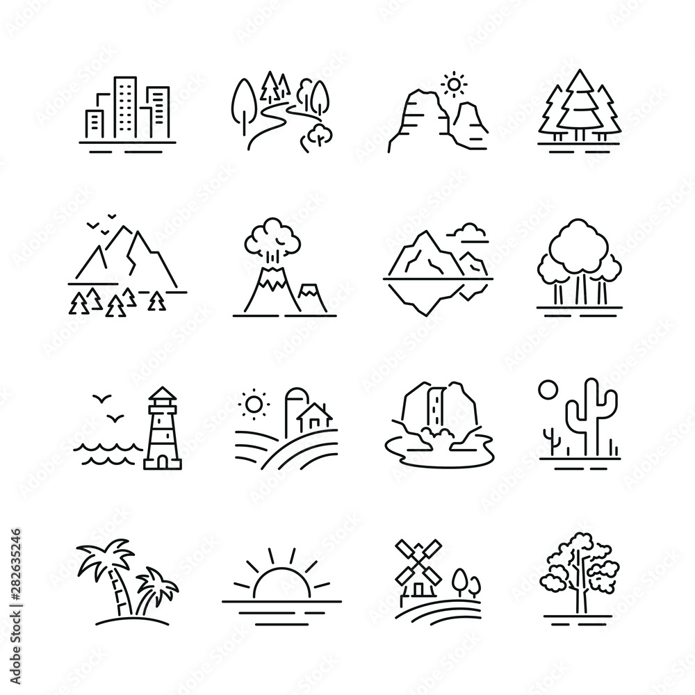 Landscape related icons: thin vector icon set, black and white kit ...
