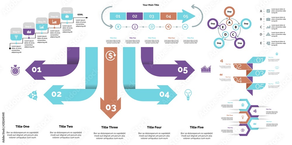 Creative infographic diagrams with geometric elements for project ...
