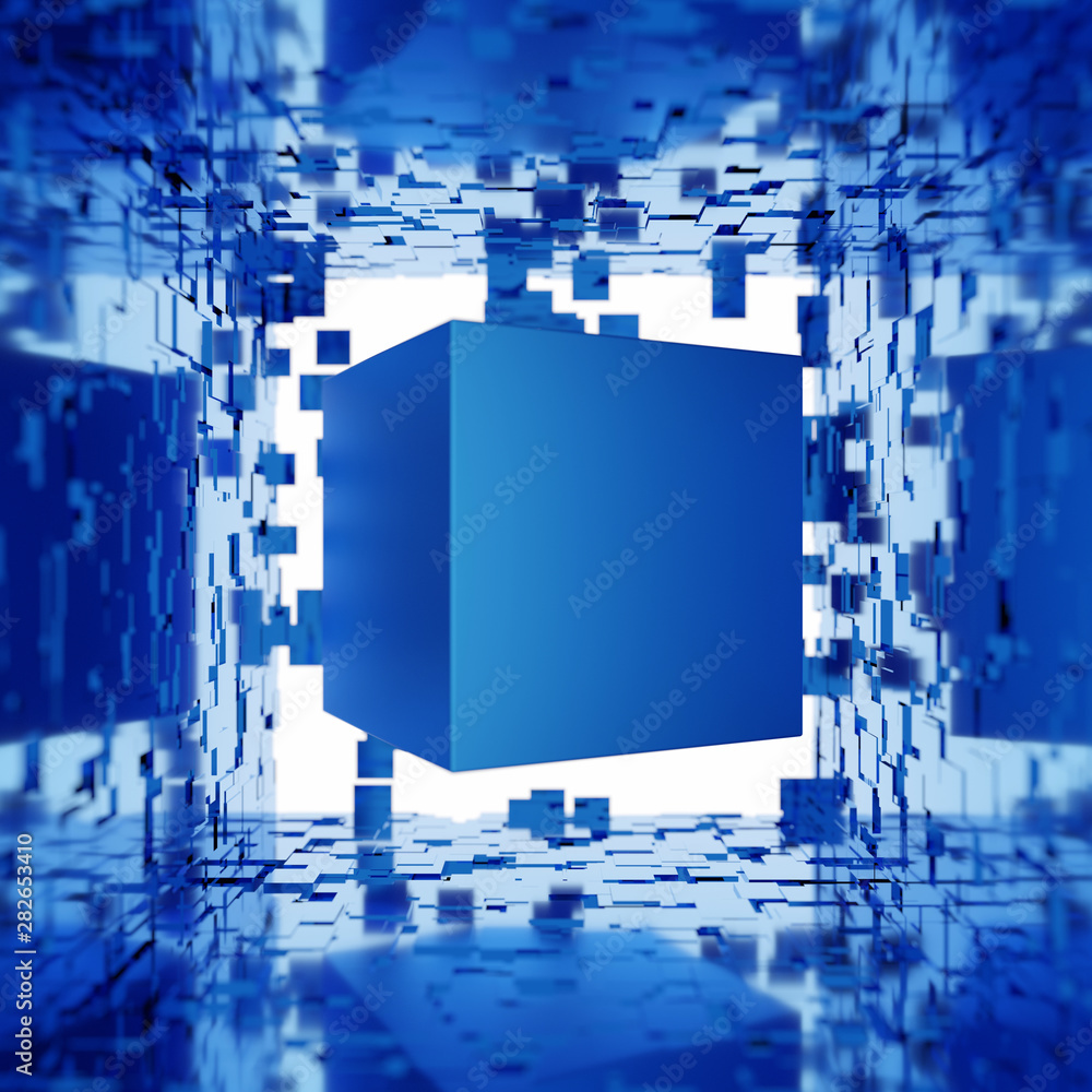 Blue cube in futuristic blue room 3D render with focus depth of field ...