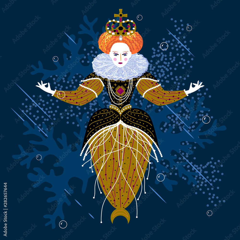 Queen Elizabeth mermaid character design. Print design for your t-shirt ...