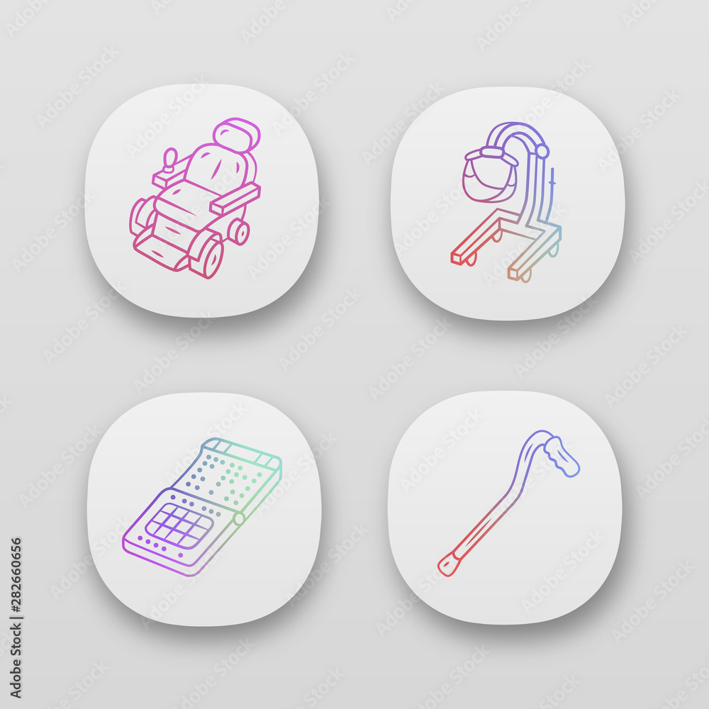 Disabled devices app icons set. Motorized wheelchair, patient lift ...