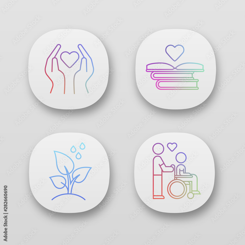Volunteering app icons set. Charity project, disabled people help ...