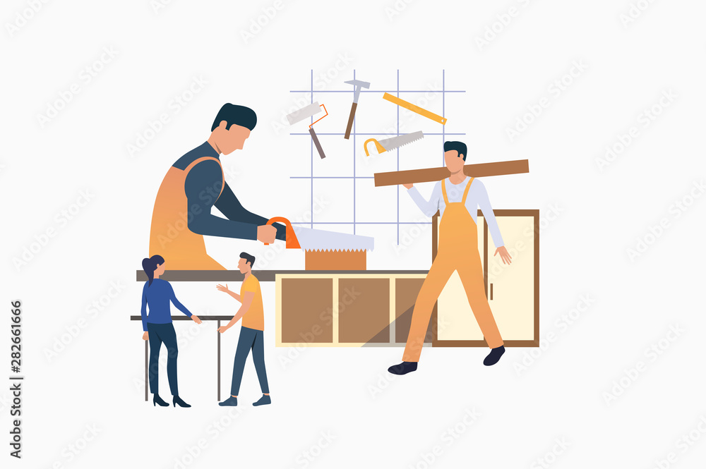 Carpenters working with wood. Male cartoon characters sawing plank ...