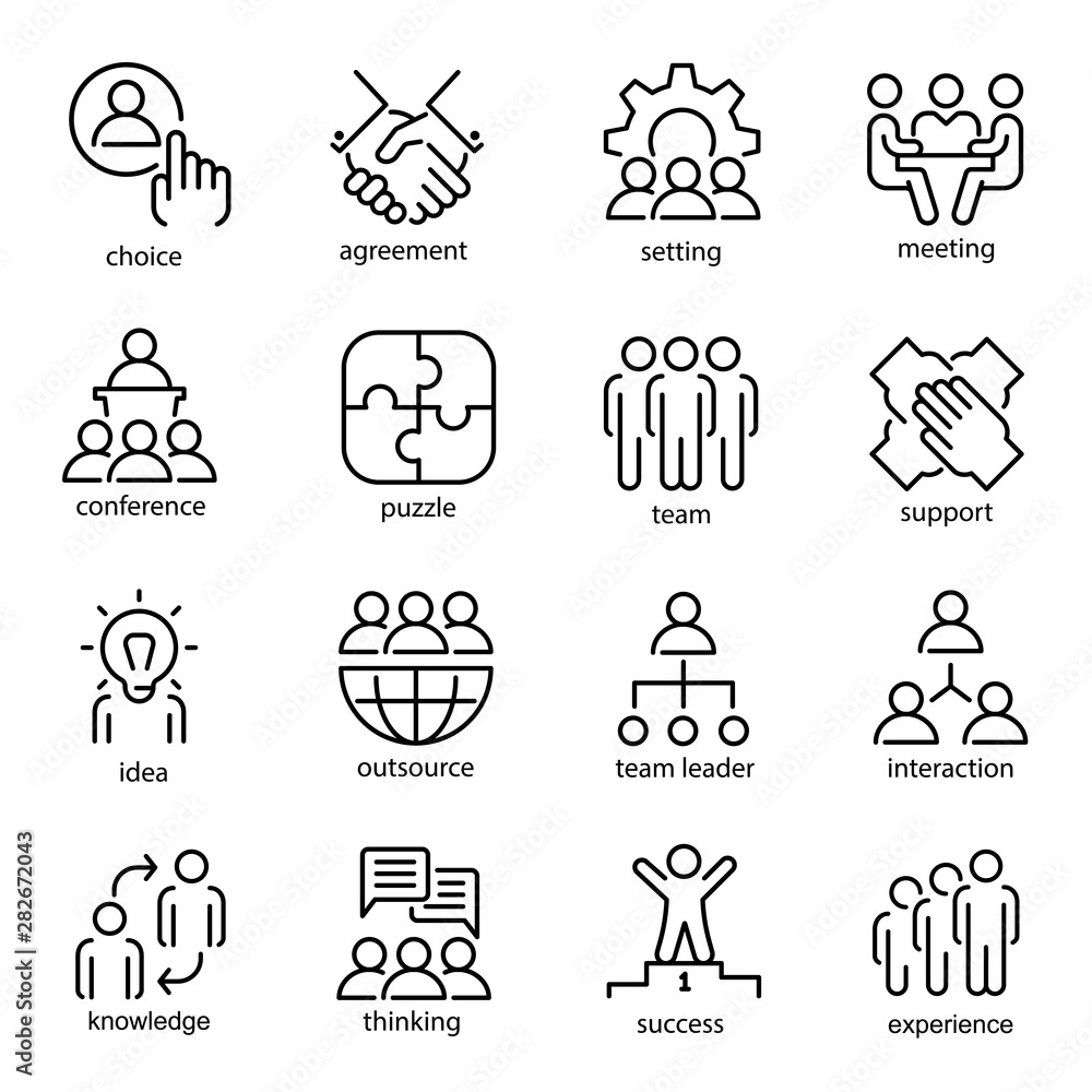 Vetor de Team work line art icon set, business group symbol do Stock ...