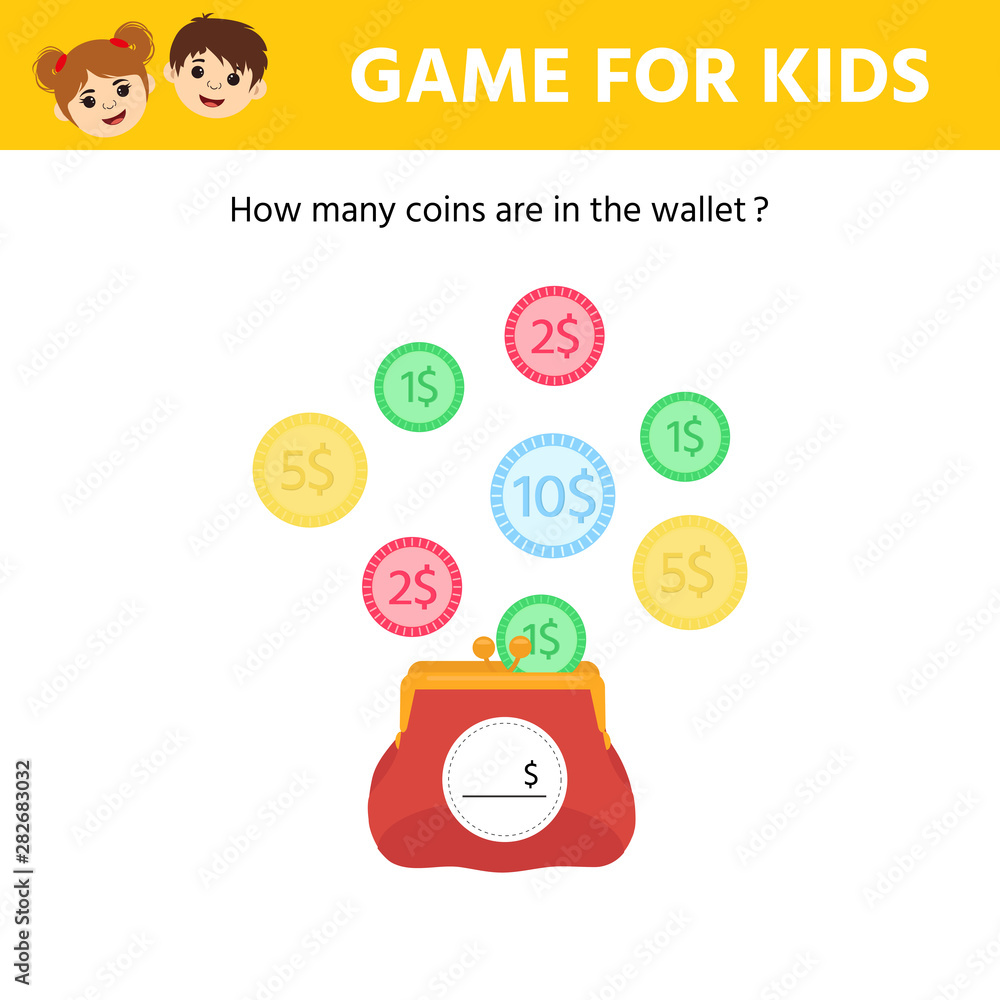 Matching education game for kids. Count the coins in wallet. Activity ...
