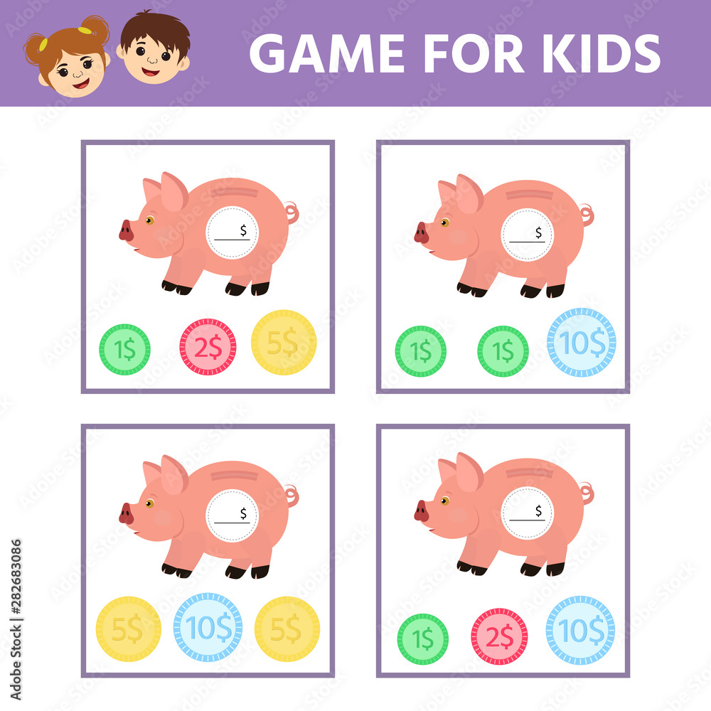 Matching education game for kids. Count the coins in piggy bank ...