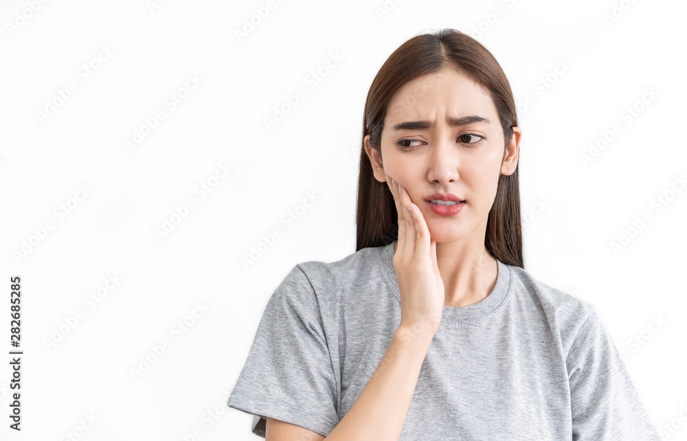 Portrait of asian female feeling painful toothache. Teeth problem woman ...