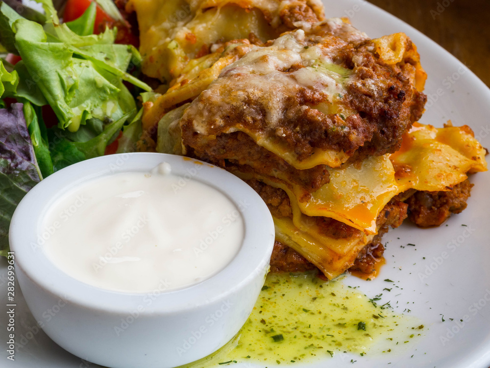 Tasty serving of traditional Italian lasagne with spicy tomato based ...