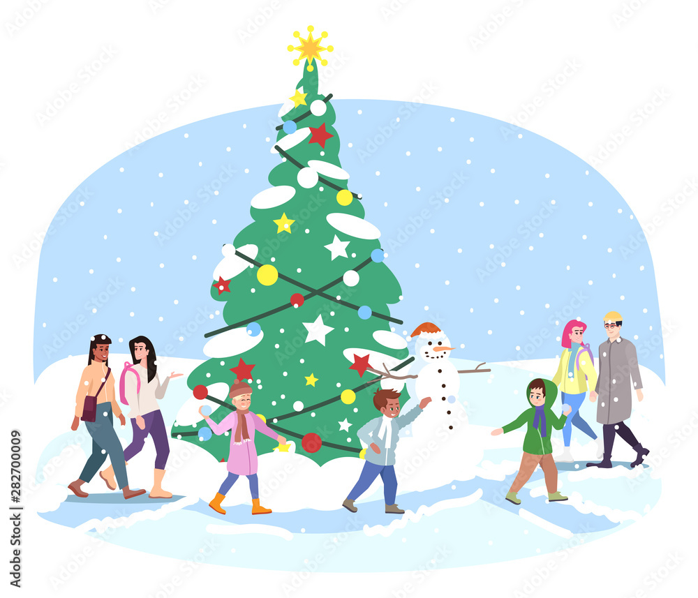 City Christmas tree flat vector illustration. Kids, adults have fun ...