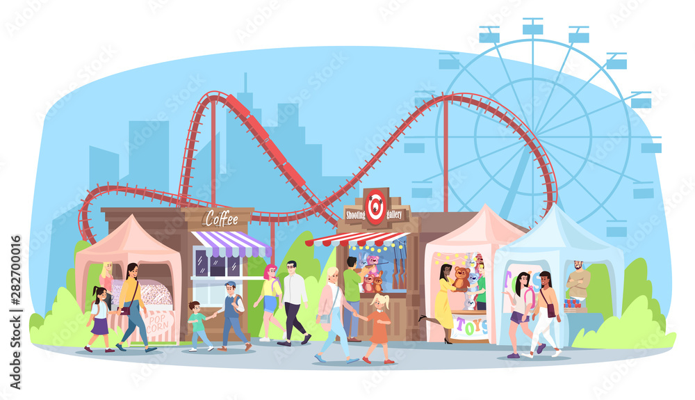 Amusement park flat vector illustration. Roller coaster, ferris wheel ...