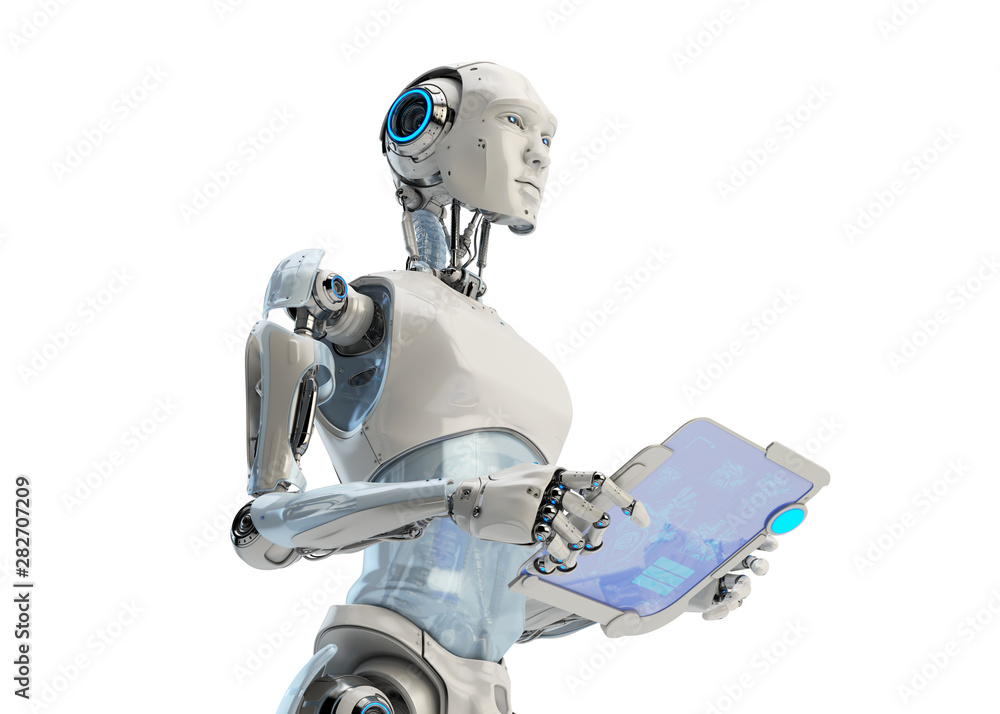 Robot doctor analyzing heart work with tablet, 3d rendering ilustração ...