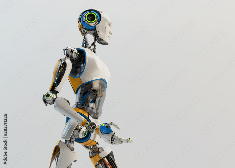 Sci-fi robotic man walking, side view 3d rendering Stock Illustration ...